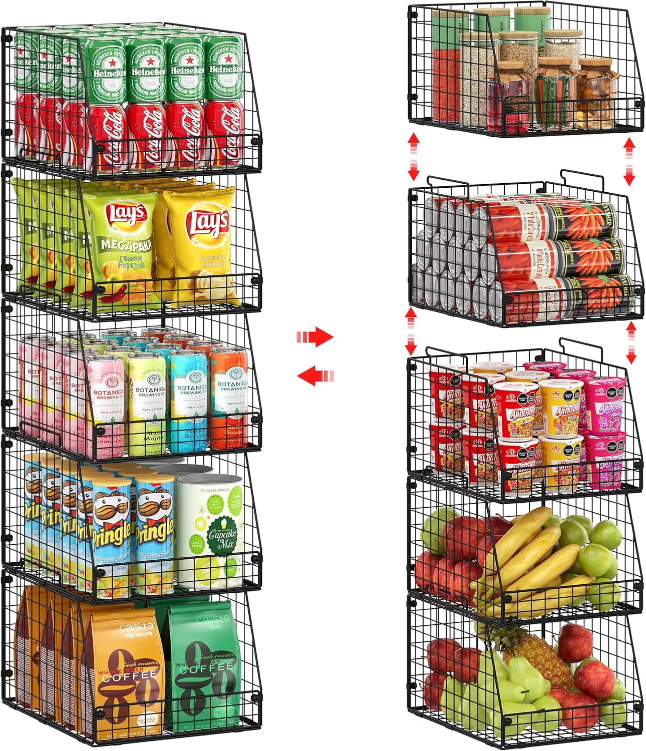 5 Pack XXL Stackable Wire Storage Basket, Extra Large Capacity Pantry ...