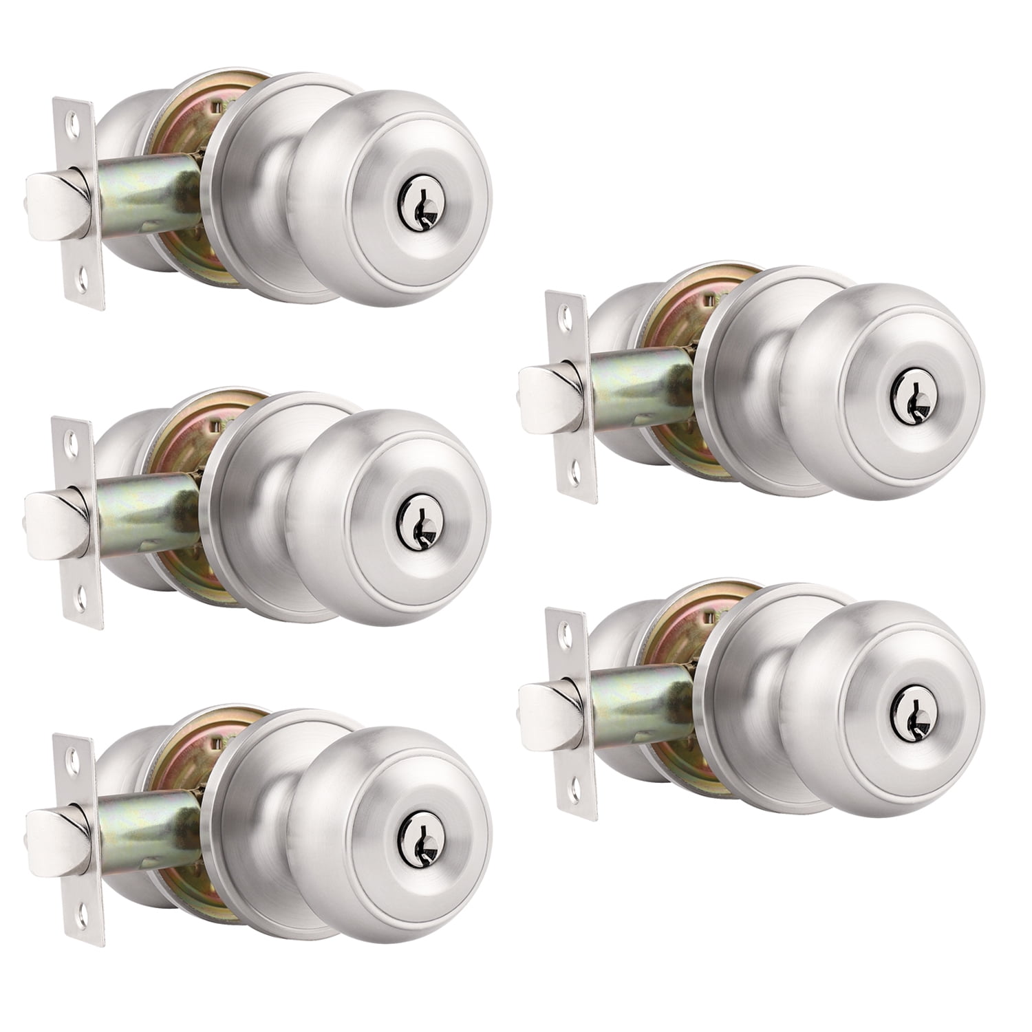 (5 Pack) knobelite Satin Nickel Round Entry Door Knobs Keyed Alike, Exterior/Interior Door ...
