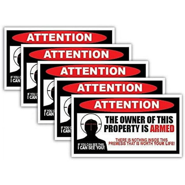 5 Pack of High-Quality Owner is Armed Warning Stickers Decals Anti ...