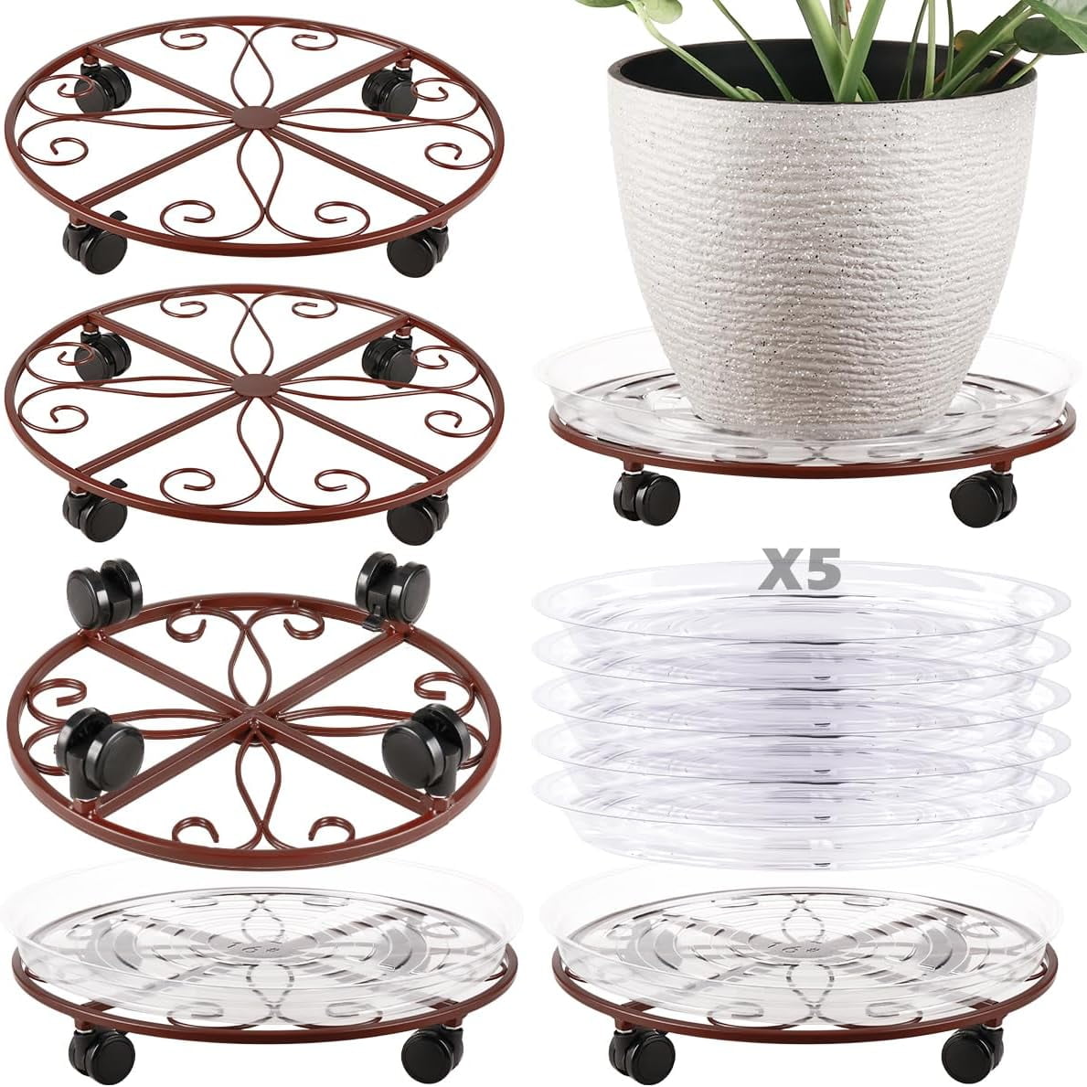 5 Packs 16” Plant Caddy with Wheels Large Metal Plant Stand with Wheels ...