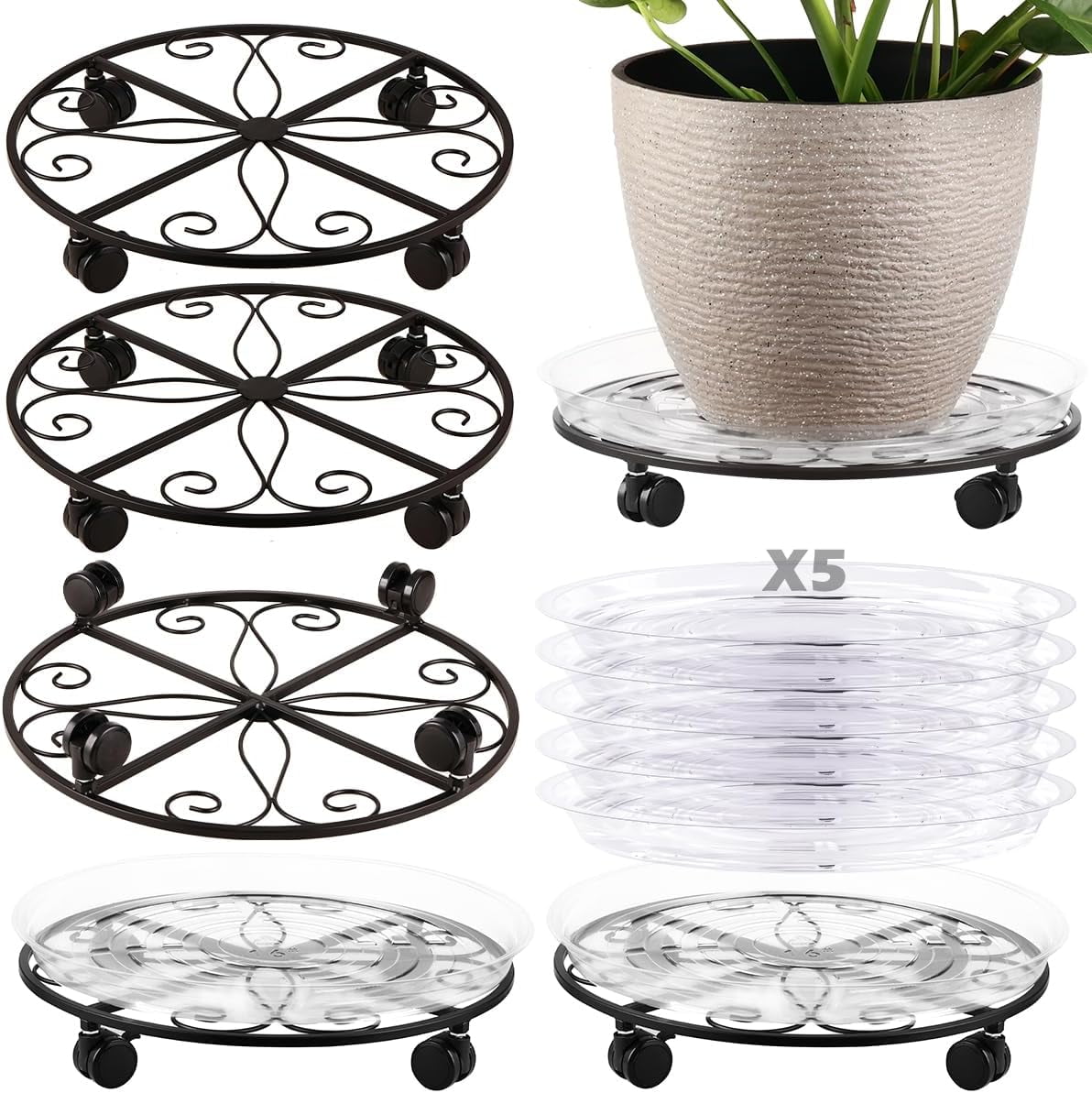 5 Packs 16” Plant Caddy with Wheels Metal Plant Stand on Wheels for ...