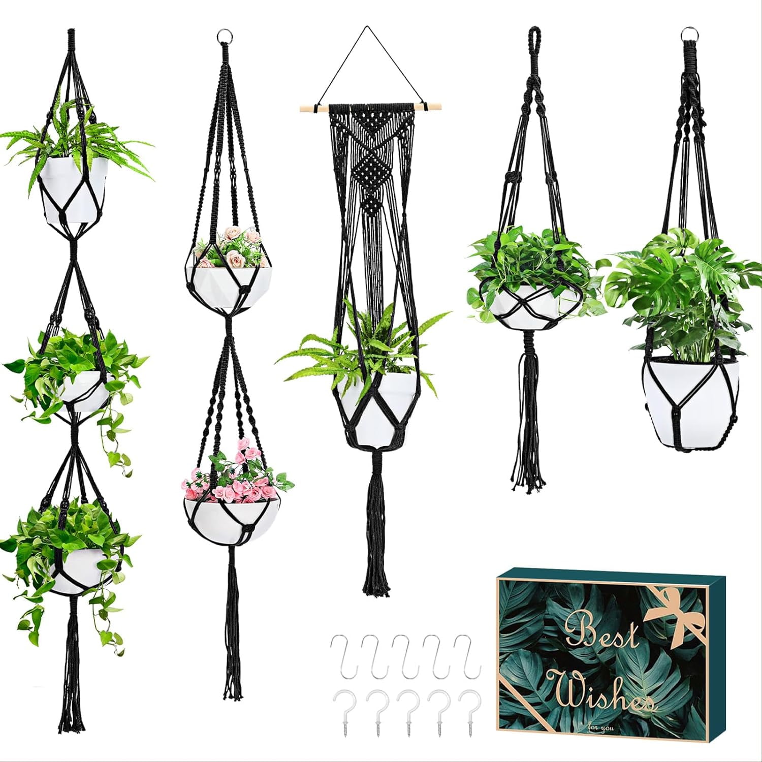 5 Packs Macrame Plant Hangers with 5 Hooks, Different Ties Handmade ...
