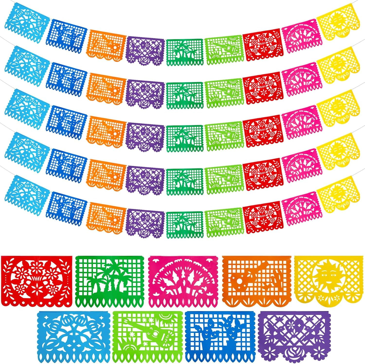 5 Packs Mexican Party Decoration, 90 Feet Plastic Papel Picado Fiesta ...