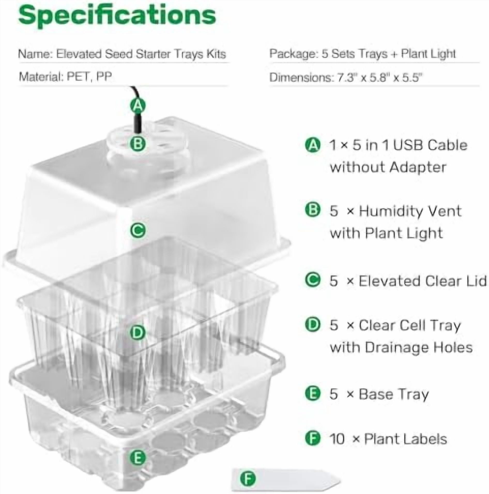 5 Packs Seed Starter Tray with Grow Light, Elevated Seedling Starter ...