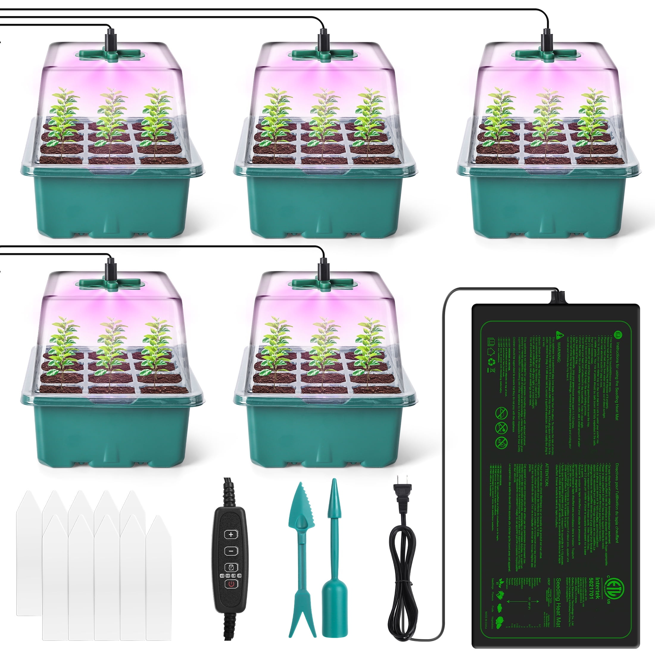 5 Packs Seed Starter Tray with Grow Lights and Heat Mat, Seedling ...