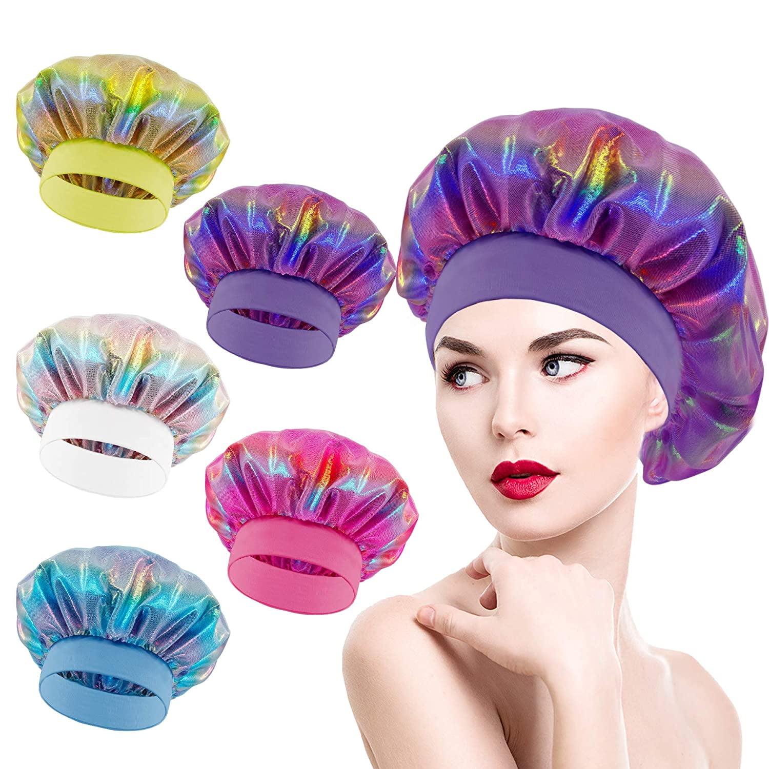 5 Packs Shinny Satin Bonnet for Women Soft Satin Sleep Cap Holographic ...