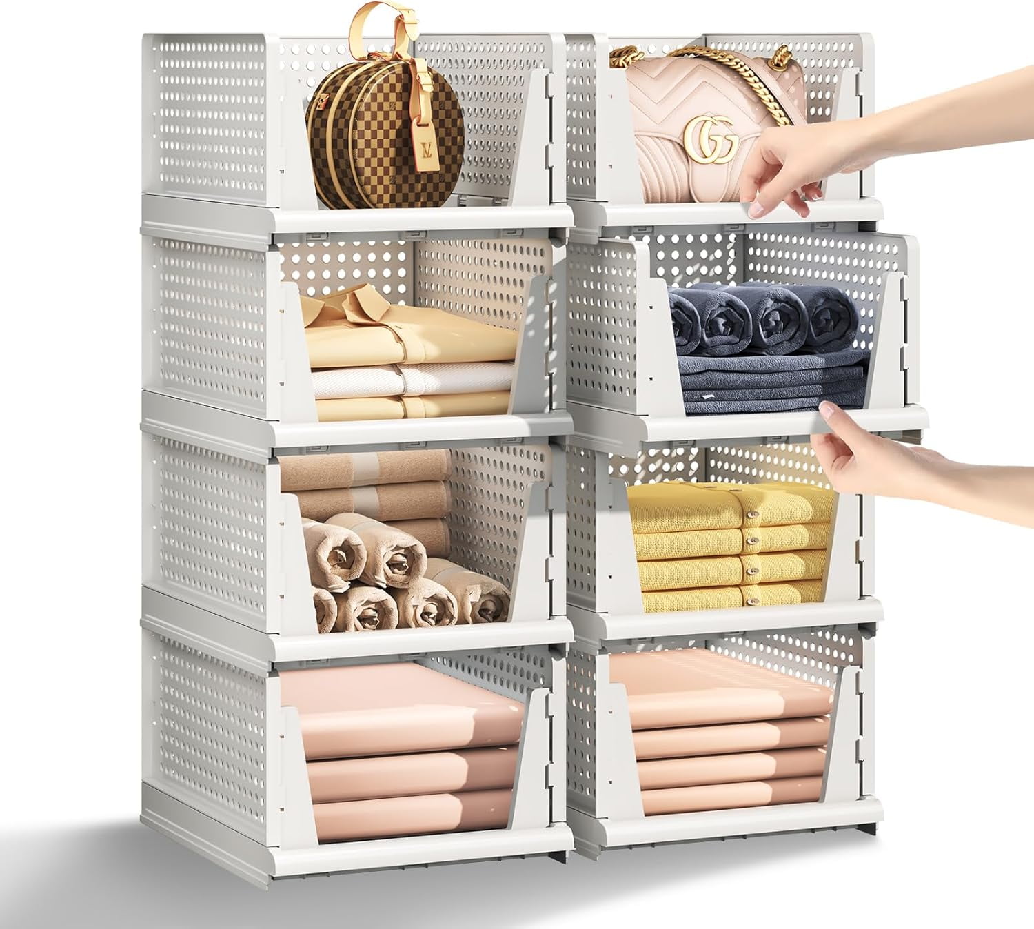 5 Packs Stackable Plastic Storage Basket for Closet Foldable Closet ...