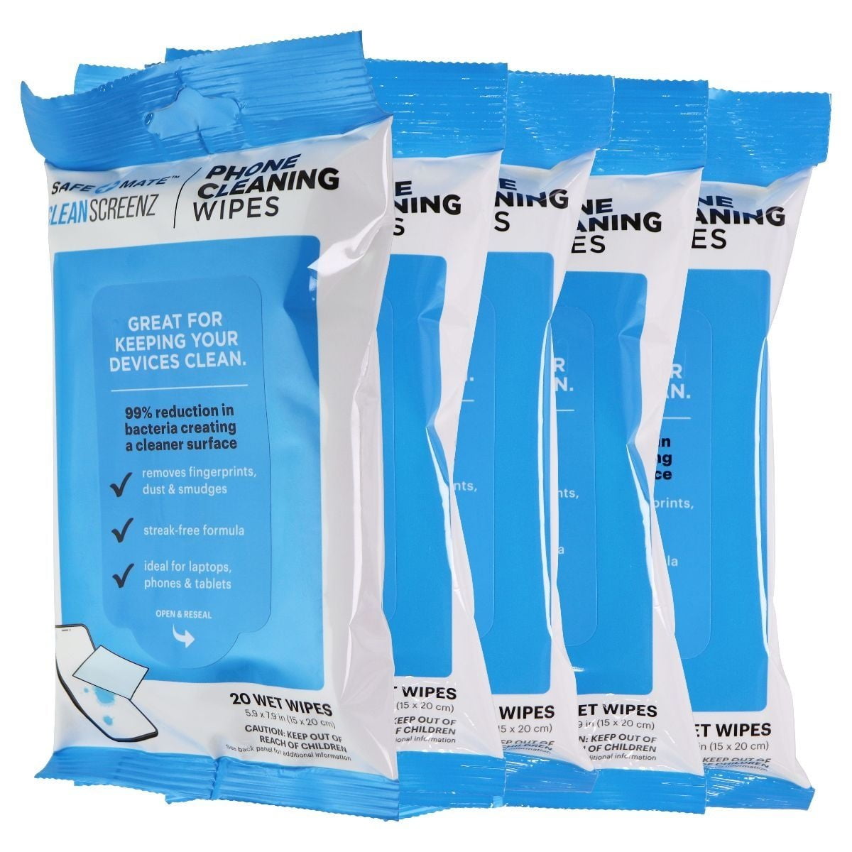 5 Packs of SafeMate Screenz Phone Cleaning Wipes (20 Wipe Per Pack, 5 ...