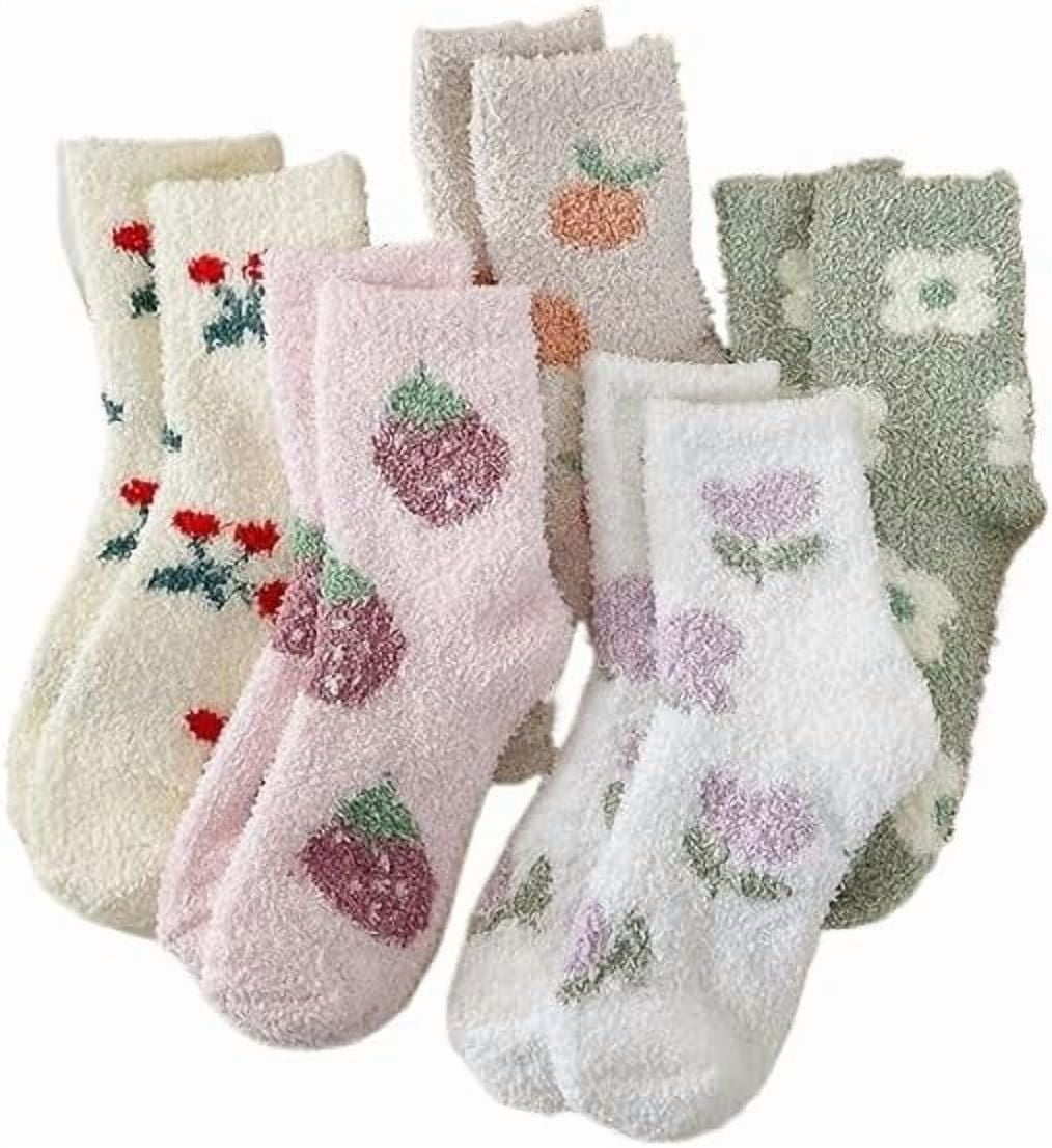 5 Pair Cute Floral Fuzzy Socks, Women Fluffy Slippers, Cottagecore ...
