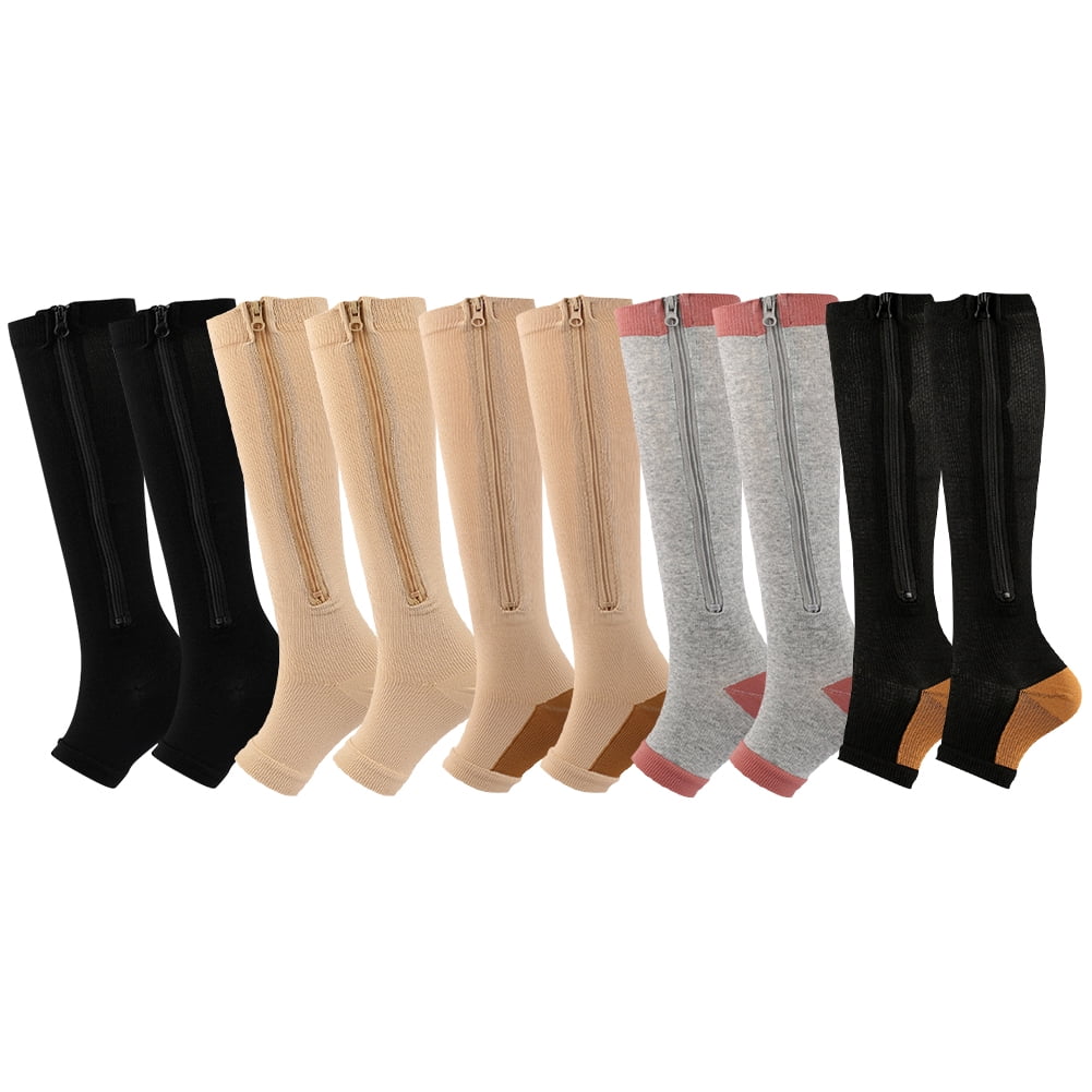 5 Pair Zipper Compression Socks Thigh High 20-30 mmHg Footless Zipper ...