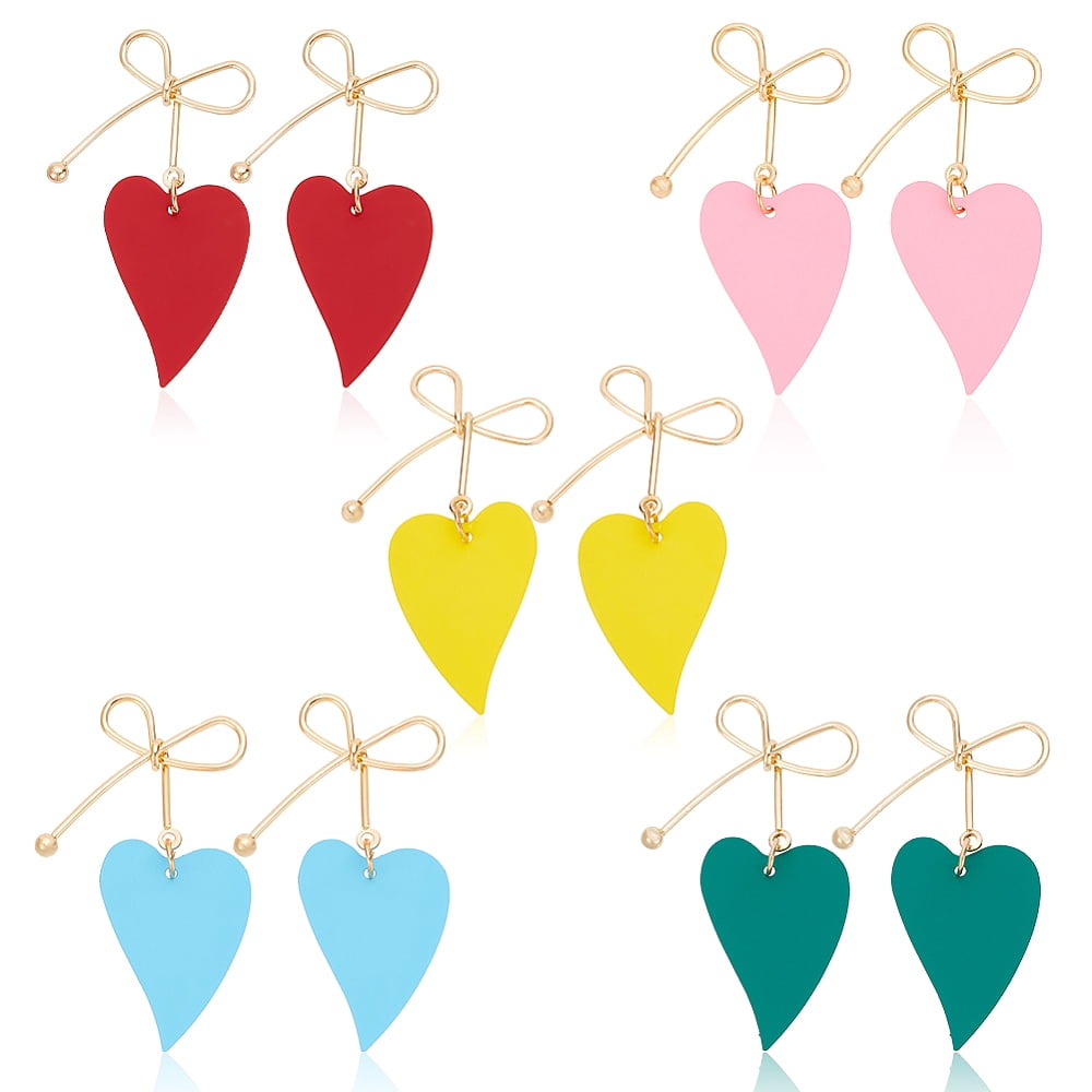 5 Pairs 5 Colors Alloy Bowknot with Heart Dangle Stud Earrings Light ...