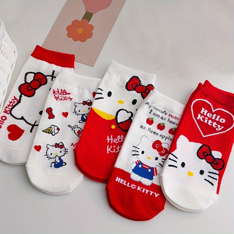 5 Pairs Anime Sanrio Cartoon Hello Kitty Cotton Print Short Socks, Cute ...