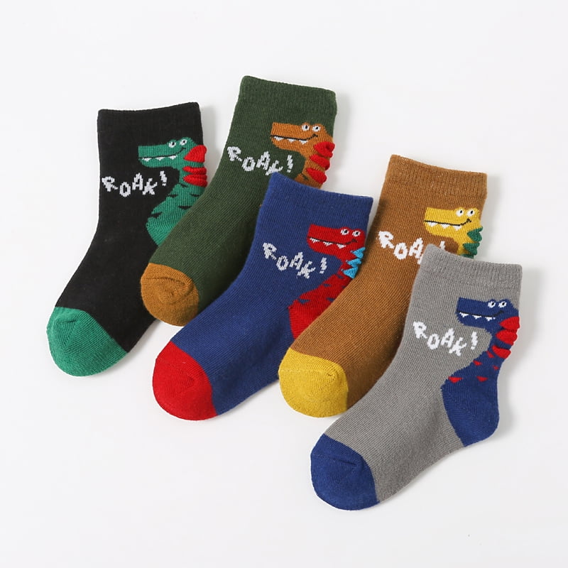5 Pairs Boys Socks Cute Cartoon Dinosaur Pattern Cotton Comfortable ...