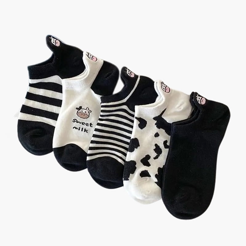 5 Pairs Cartoon Cow Print Cute Fashion Low Cut Ankle Socks For Women ...