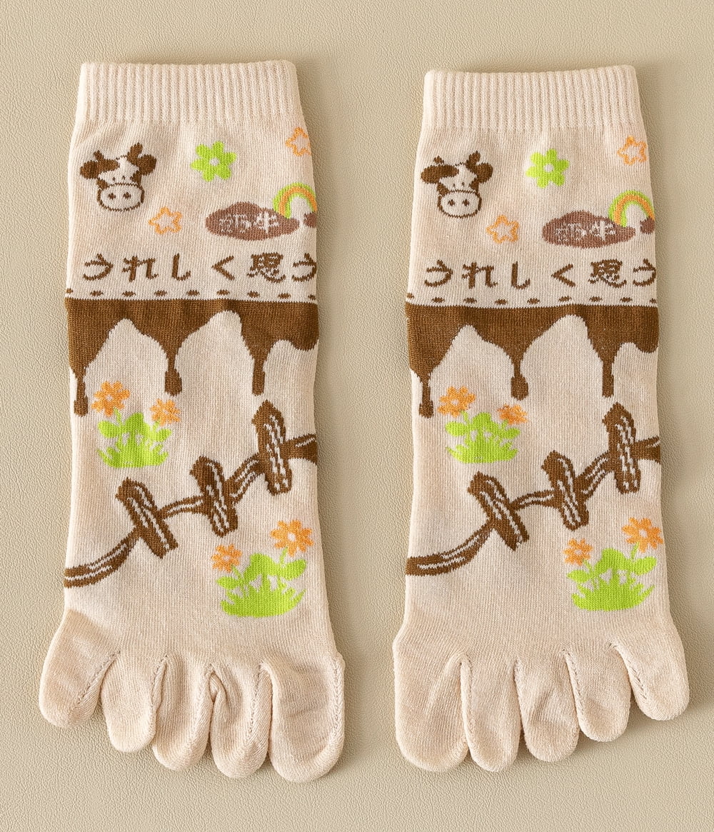 5 Pairs Cartoon Cute Women Toe Socks with Separate Fingers Cotton Mid ...