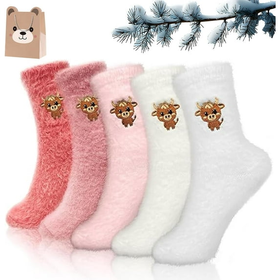 5 Pairs Cartoon Highland Cow Plush Socks for Cold-Free Home Comfort ...