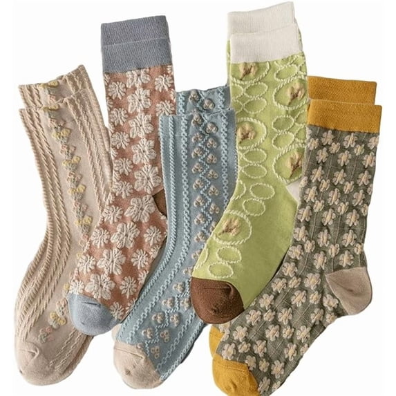 5 Pairs Casual Cotton Socks Colorful Floral Crew Socks Pack for Women ...