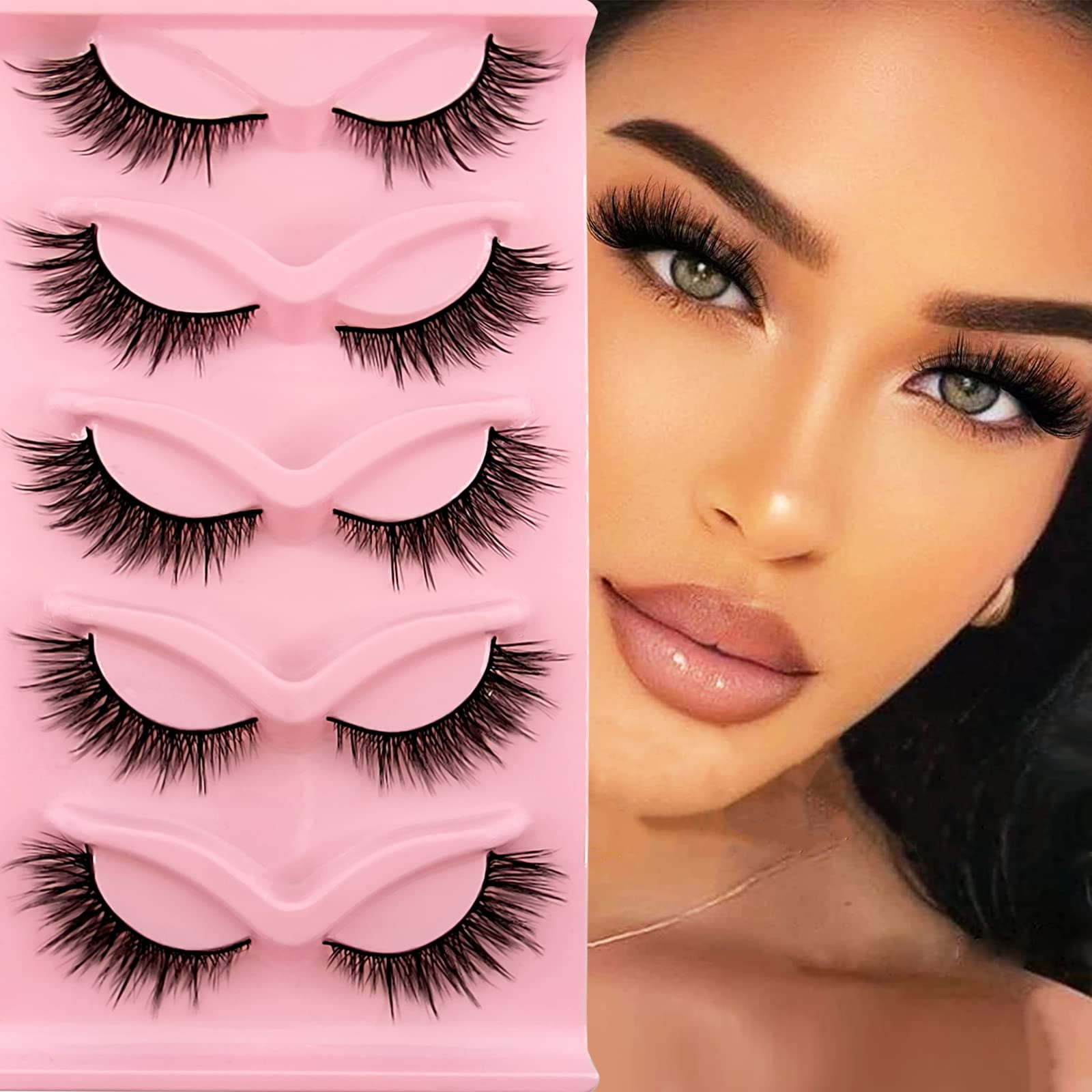 5 Pairs Cat Eye Natural Look False Eyelashes, Faux Mink Flu-ffy Wispy ...