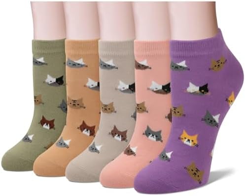 5 Pairs Cat Socks - Cute Cotton Novelty Funny Animal Fun Ankle Socks ...
