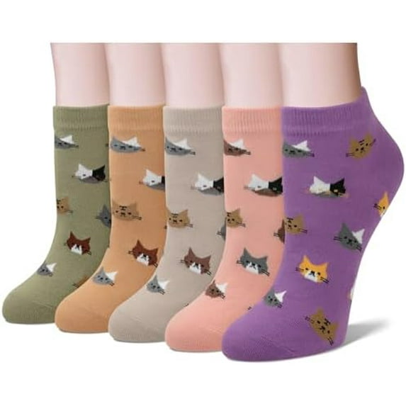 5 Pairs Cat Socks - Cute Cotton Novelty Funny Animal Fun Ankle Socks ...