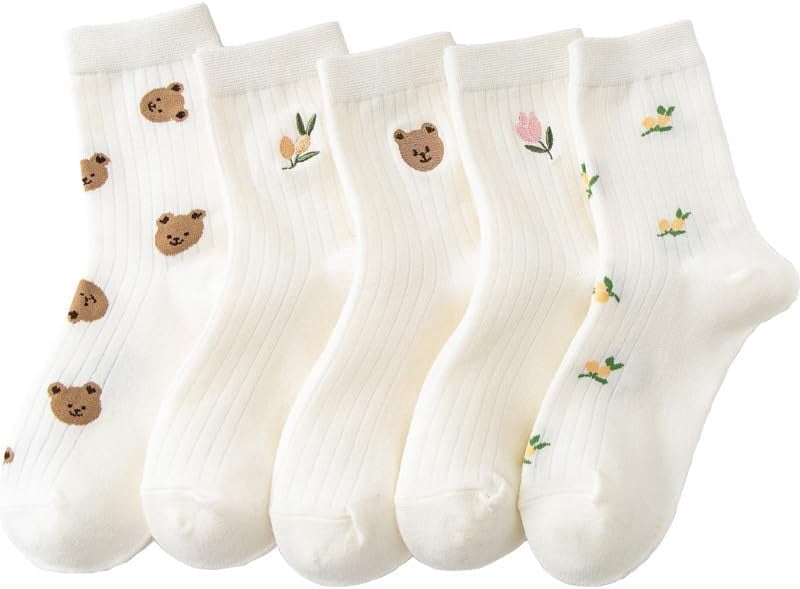 5 Pairs Cute Floral Bear Frilly Socks Y2K Fairycore Flower Crew Cotton ...