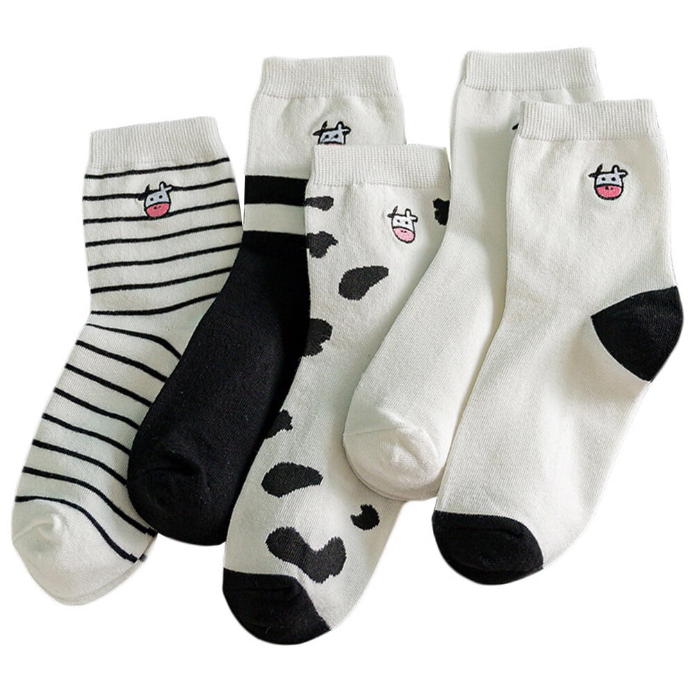 5 Pairs Embroidery Cow Middle-tube Socks Women Mid-calf Sock Cotton ...