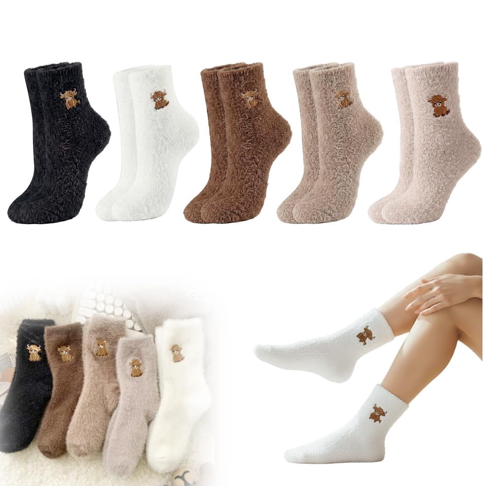 5 Pairs Fuzzy Highland Cow Socks, 2026 New Highland Cow Socks Women ...