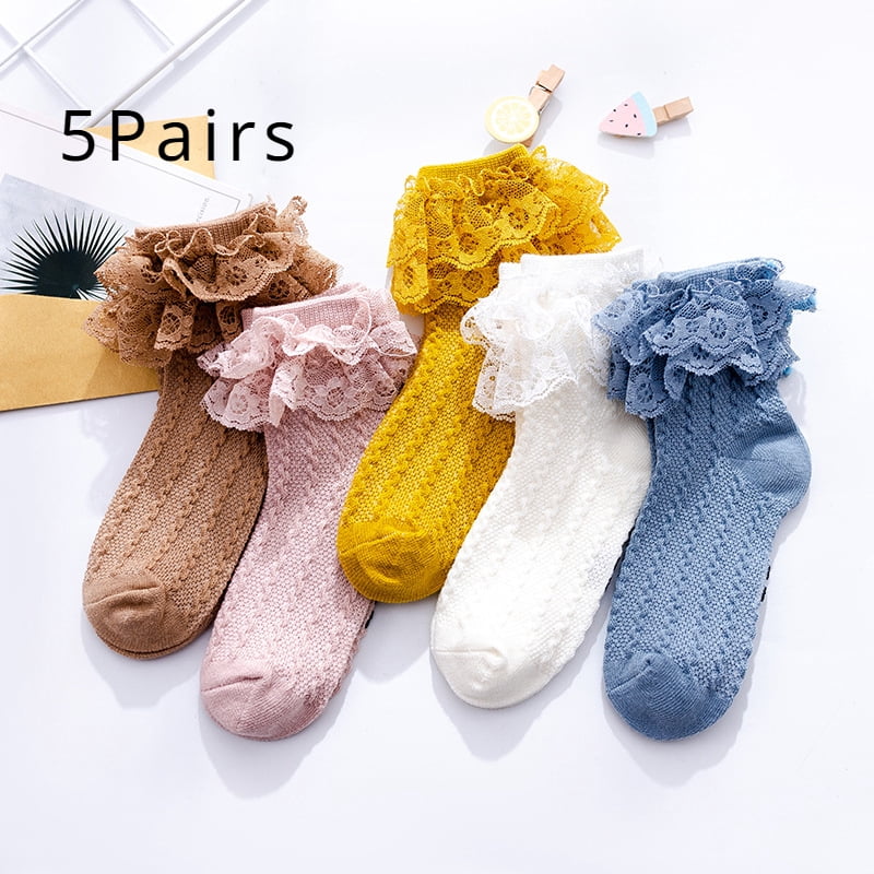 5 Pairs Girl's Lace Ruffle Frilly Trim Crew Socks, Breathable Cotton ...