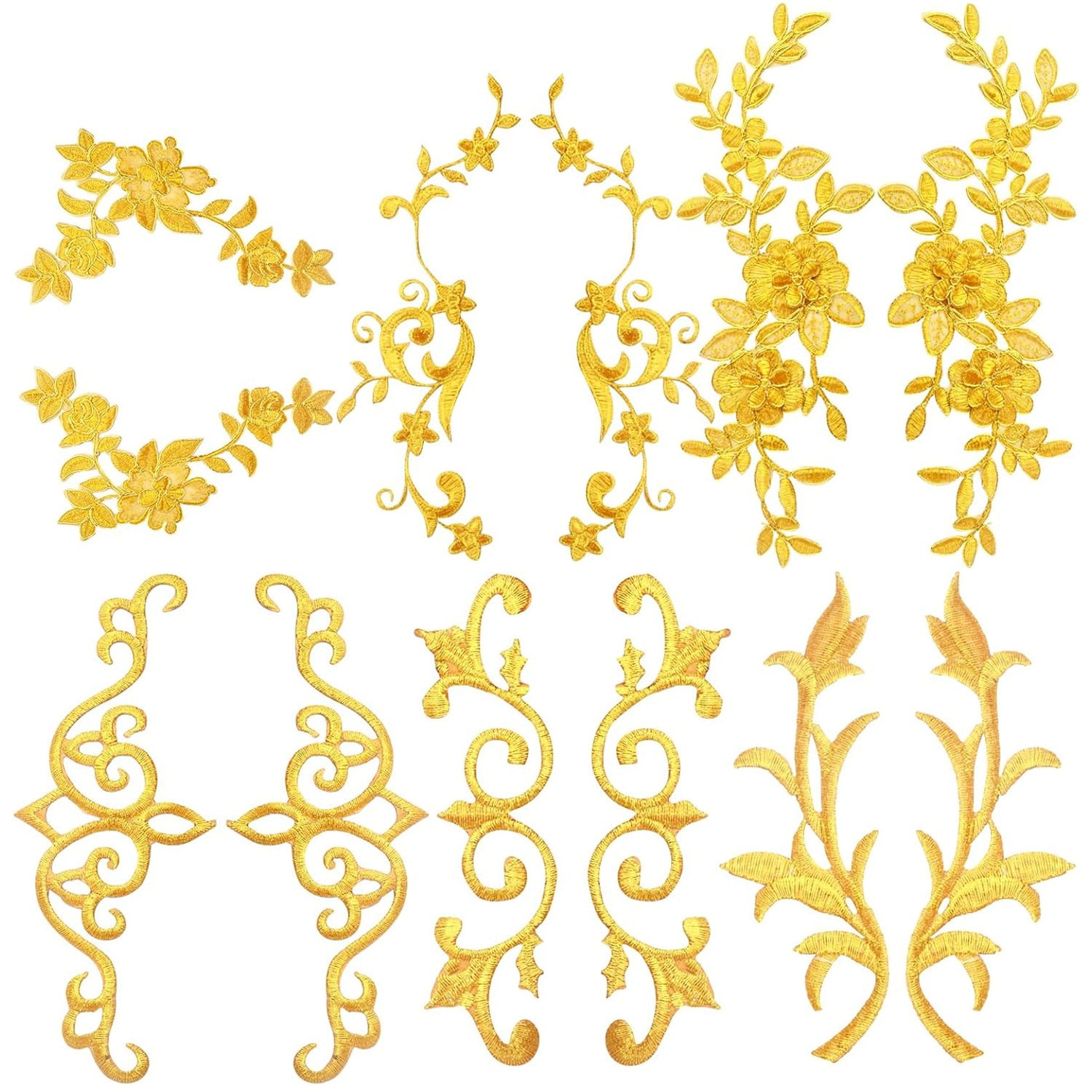 5 Pairs Golden Flower Embroidery Patches Flowers Leaves Lace Sew On ...