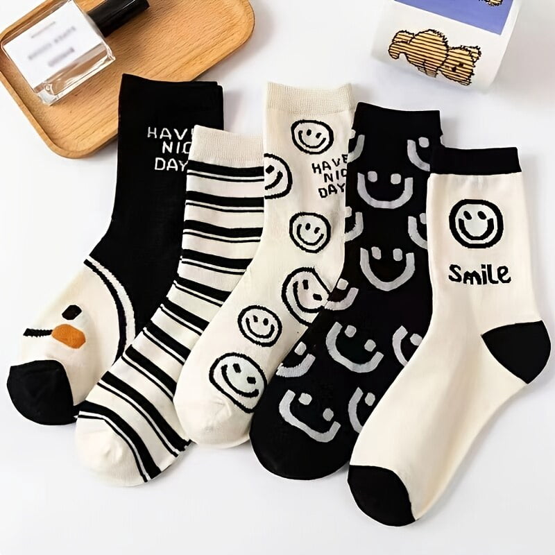 5 Pairs Happy Face Crew Socks , Cartoon Cat Breathable Cotton Mid Tube ...