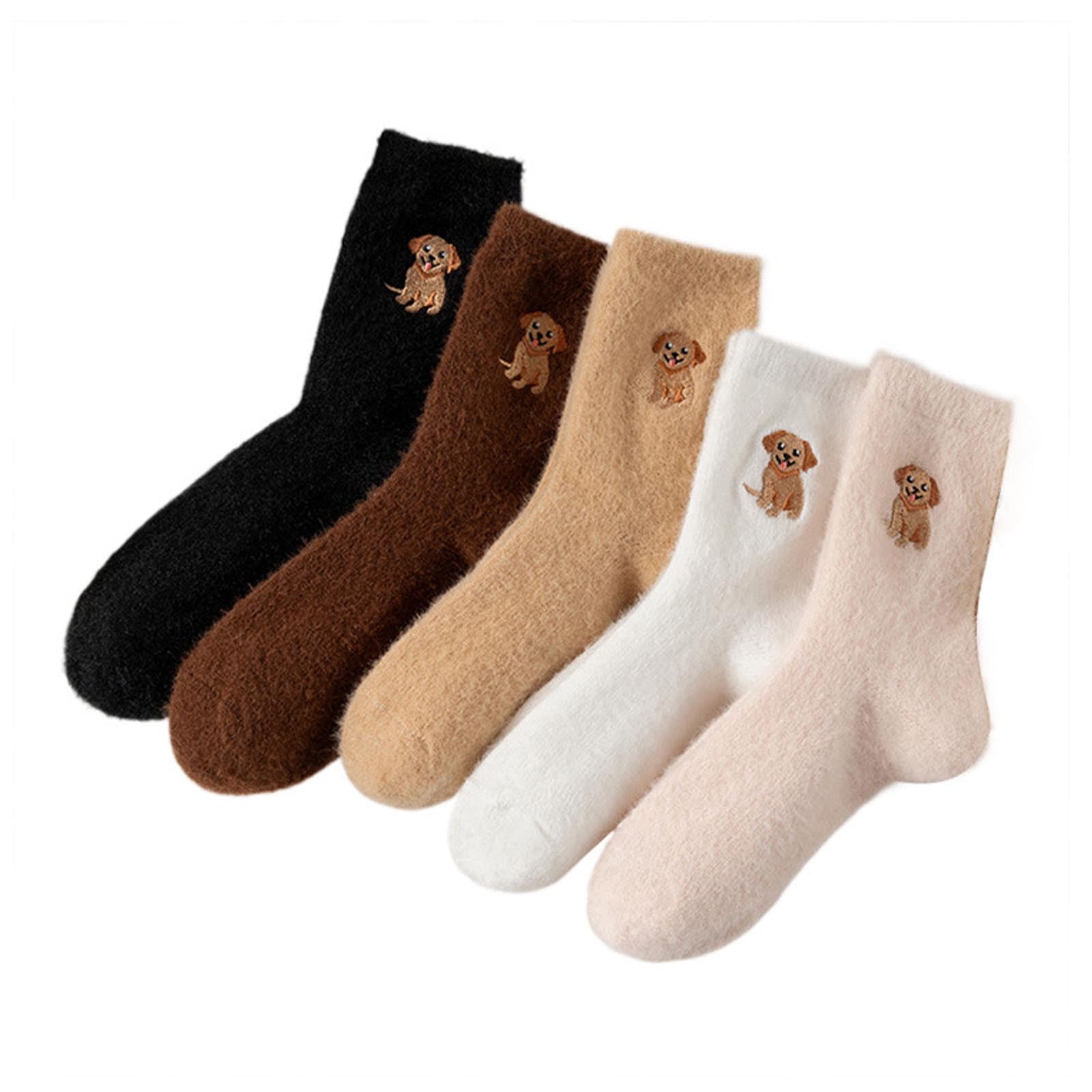 5 Pairs Plush Warm Socks With Embroidered Dog Design, Thick Fleece ...