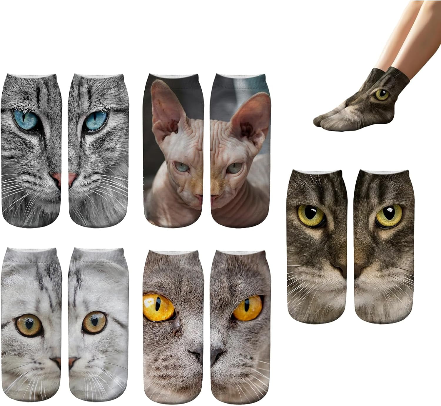 5 Pairs Realistic Cat Face Socks, Cat Socks For Cats, 3D Animal Sock ...