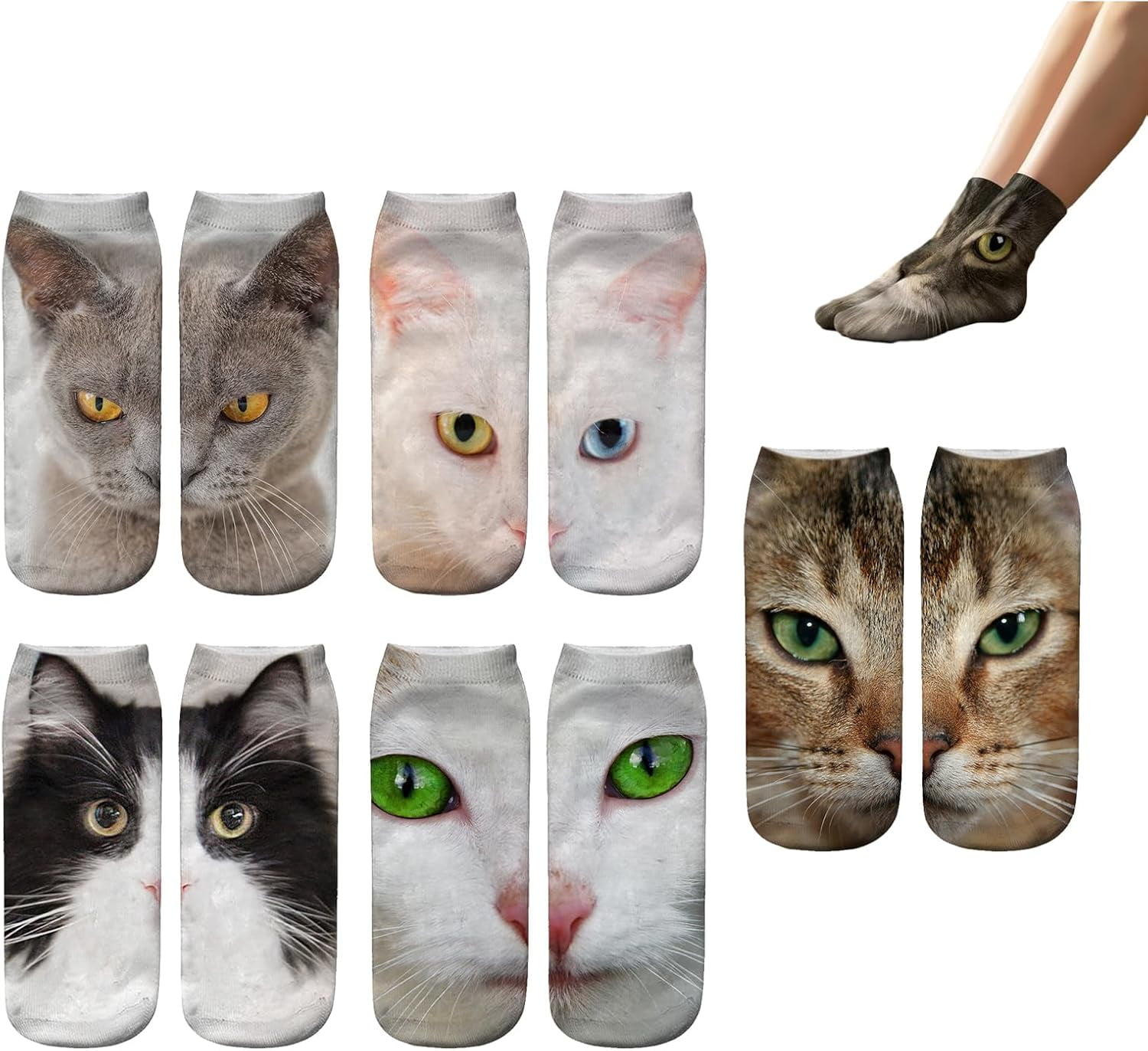 5 Pairs Realistic Cat Face Socks, Cat Socks For Cats, 3D Animal Sock ...