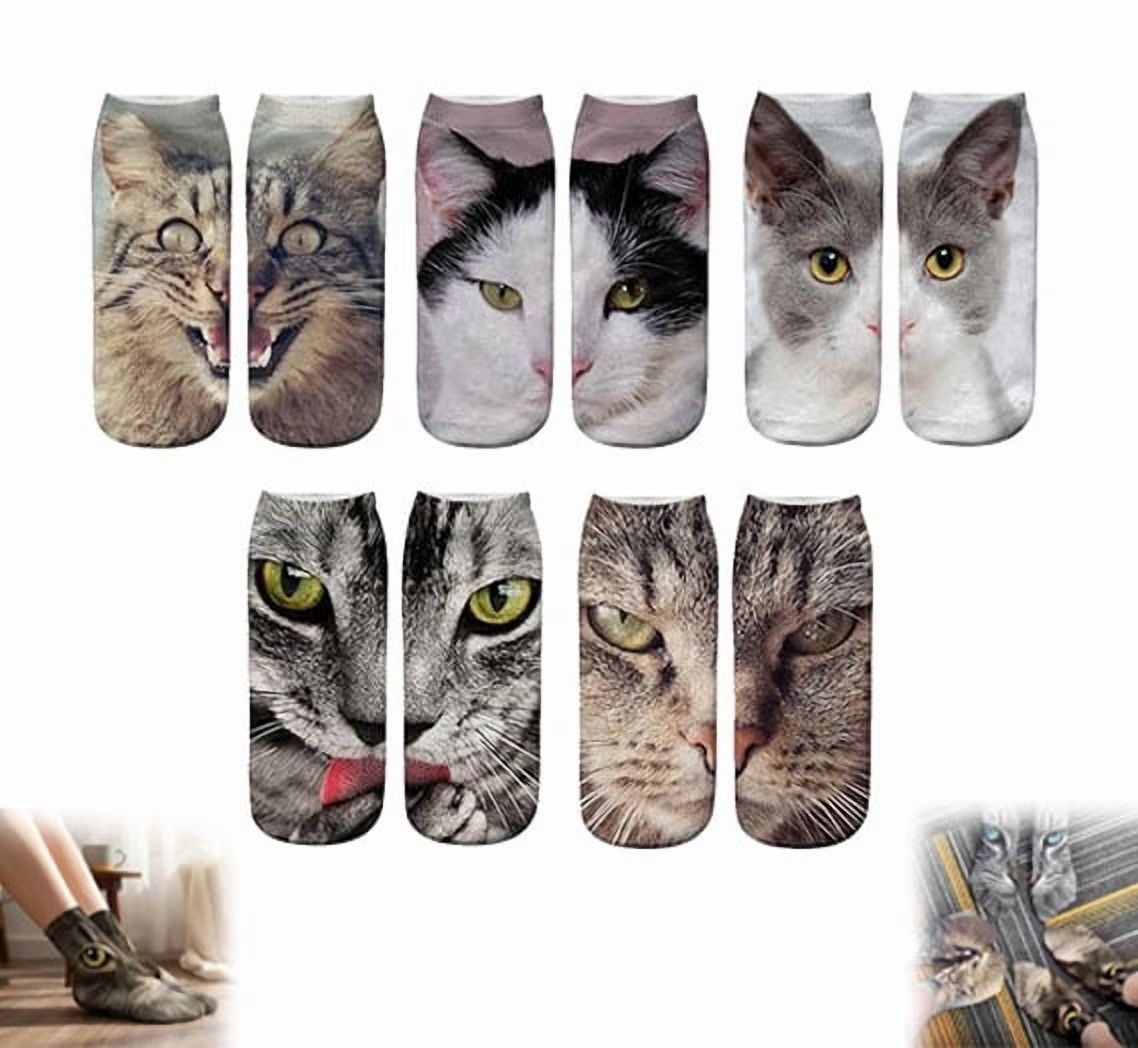 5 Pairs Realistic Cat Face Socks, Cat Socks For Cats, 3D Print Animal ...