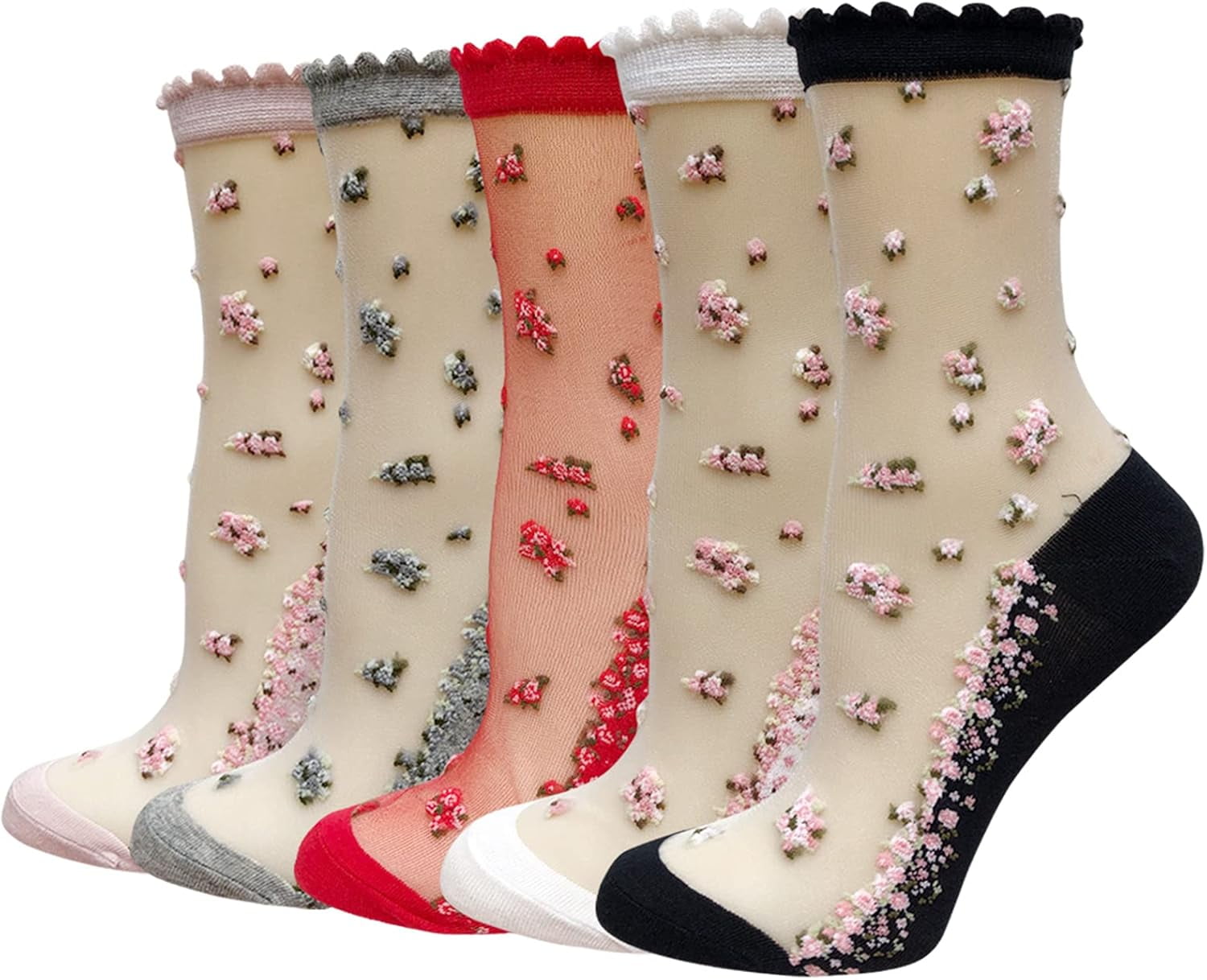 5 Pairs Sheer Floral Socks for Women, Embroidered Mesh Lace Ankle Socks ...