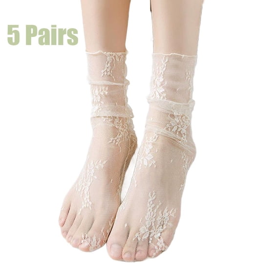 5 Pairs Sheer Lace Socks for Women - Mid-Calf Mesh Ruffle Socks ...