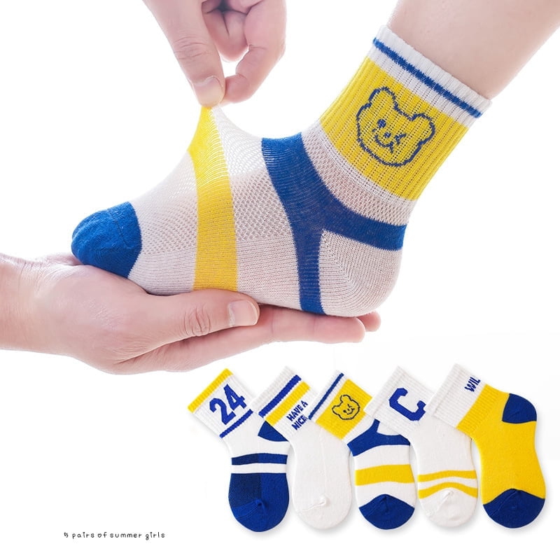 5 Pairs Summer Thin Girls Boys Cotton Crew Socks Non Slip Toddler Socks ...