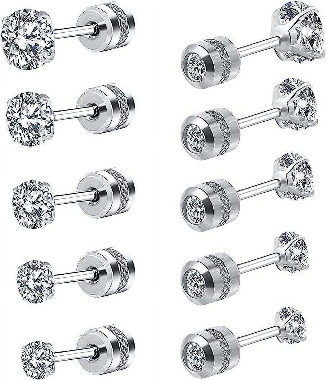 5 Pairs Titanium Screw Back Stud Earrings Set Round Cubic Zirconia ...