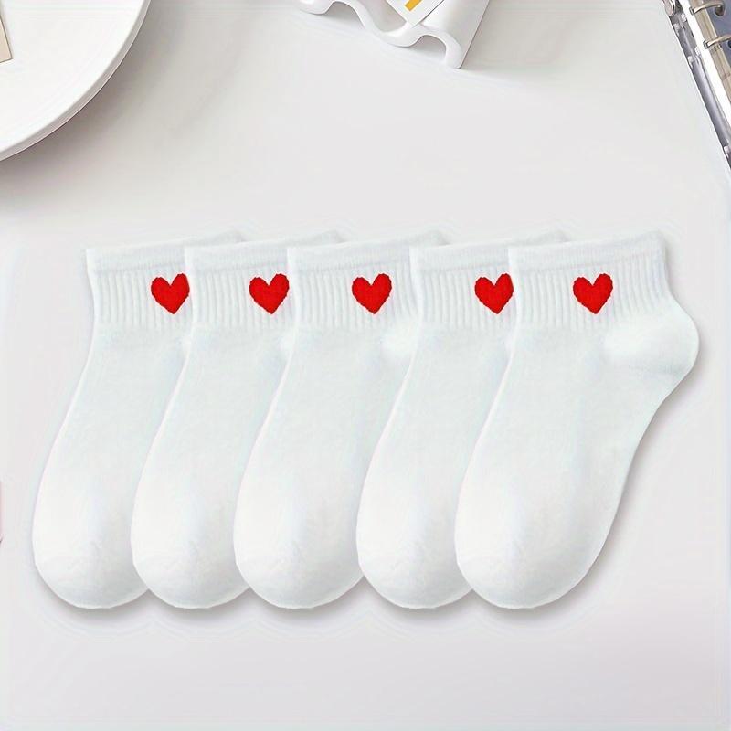 5 Pairs of White Heart-shaped Printed WomenS Socks, Breathable, Sweat ...