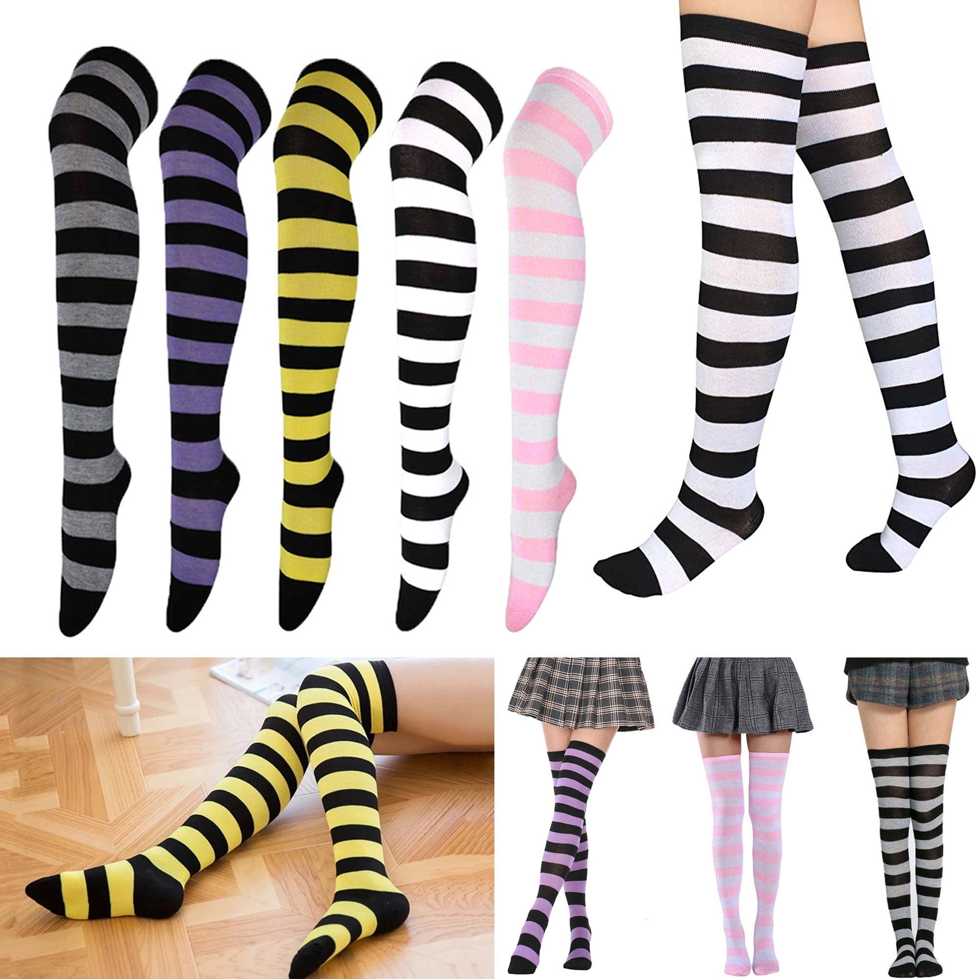 5 Pairs Women Girls Over Knee Long Sock Stripe Printed Thigh High Stockingsmutilcolor