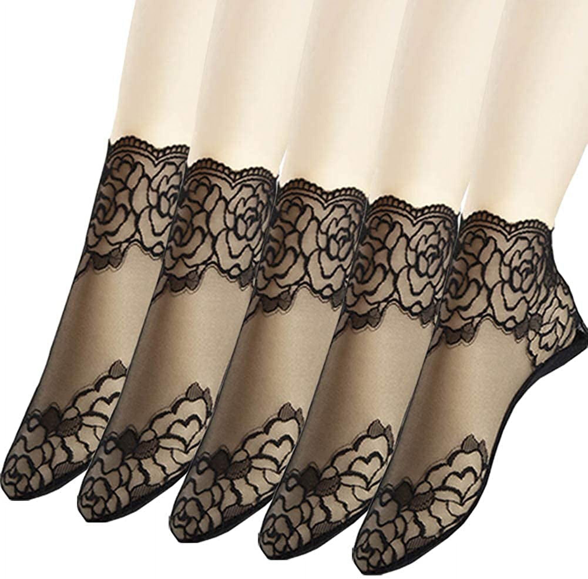 5 Pairs Women Lace Fishnet Socks Nylon Sheer Ankle Dress Sokcs ...
