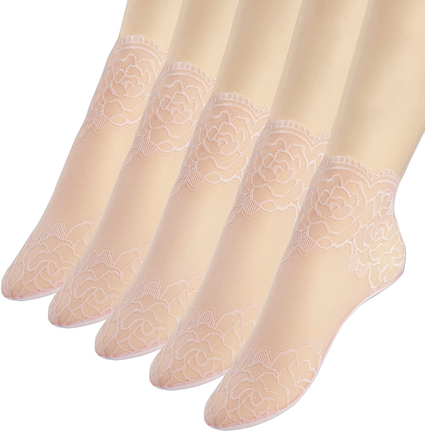 5 Pairs Women Lace Fishnet Socks Nylon Sheer Ankle Dress Sokcs ...