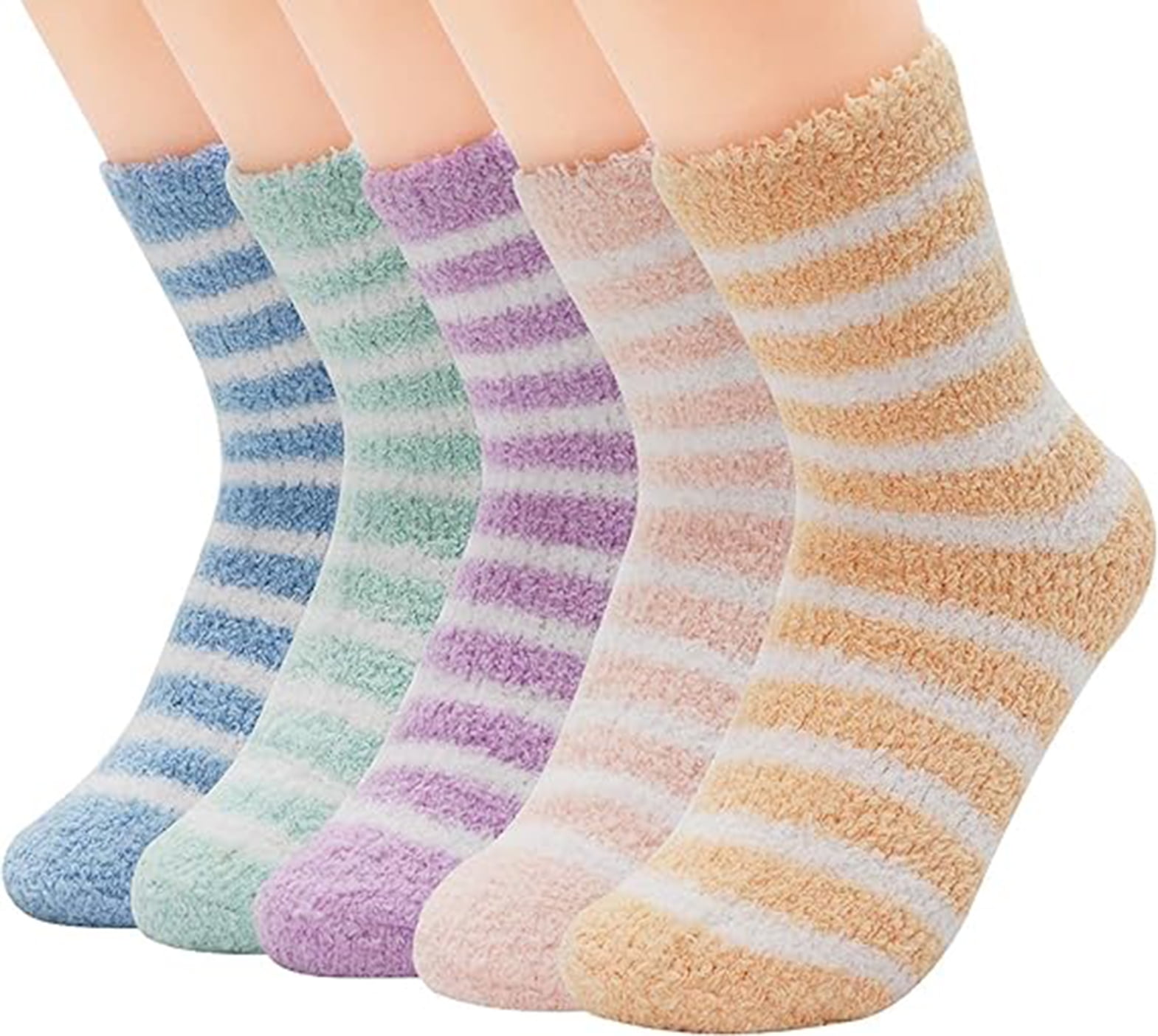 5 Pairs Women Socks Striped Fluffy Coral Velvet Thick Warm Winter Socks ...
