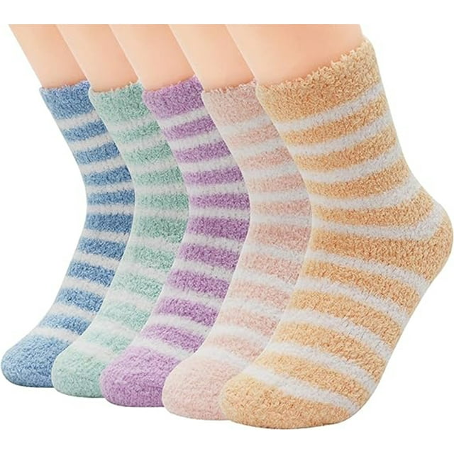 5 Pairs Women Socks Striped Fluffy Coral Velvet Thick Warm Winter Socks ...