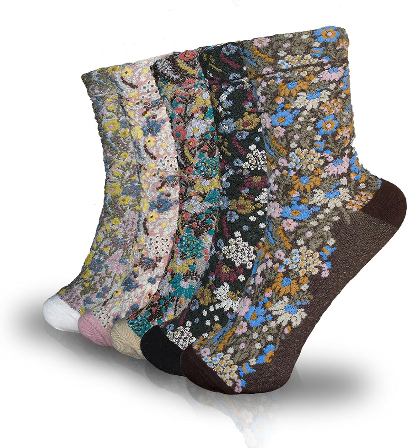 5 Pairs Women's Floral Cotton Vintage Pattern Crew Novelty Ankle Ruffle ...