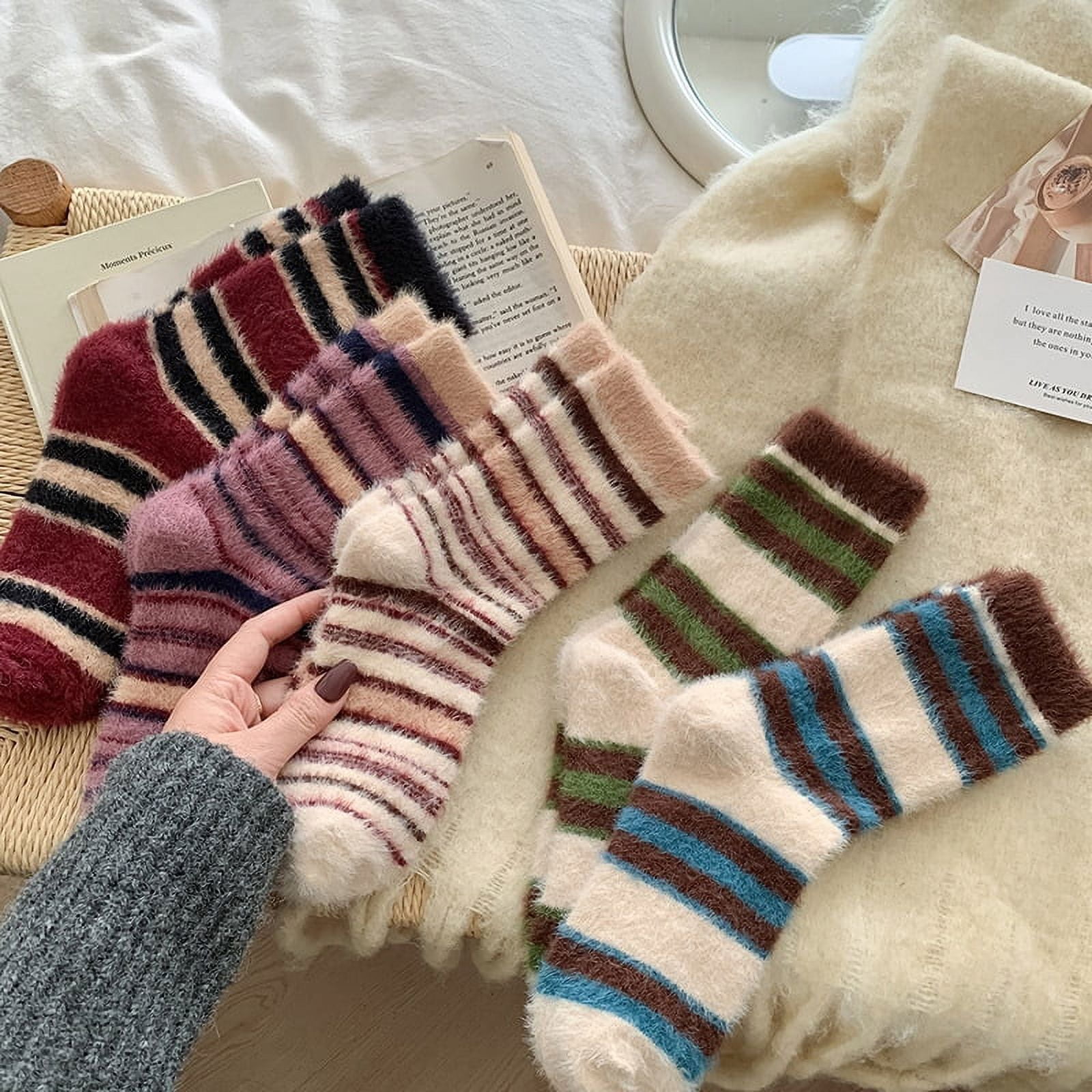 5 Pairs Womens Knit Stripe Socks Vintage Soft Cabin Warm Socks Thick ...