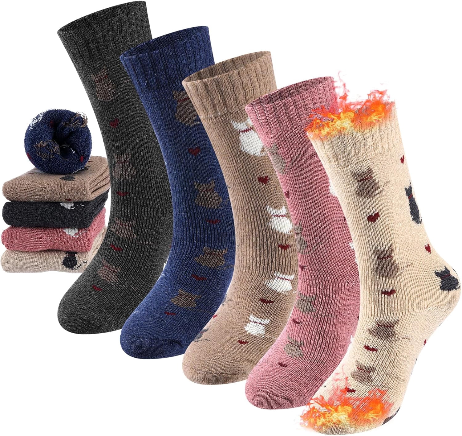 5 Pairs Wool Cat Socks for Women Cute Winter Thermal Terry Cotton Cat ...