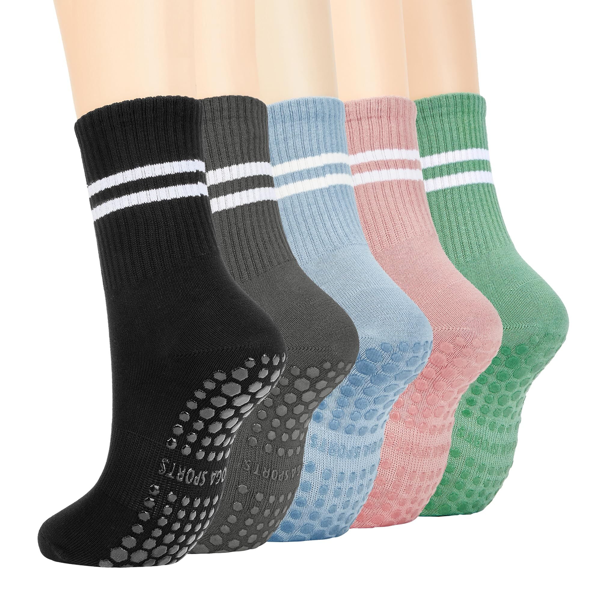 5 Pairs Yoga Socks with Grips for Women Non Slip Striped Women's Long ...