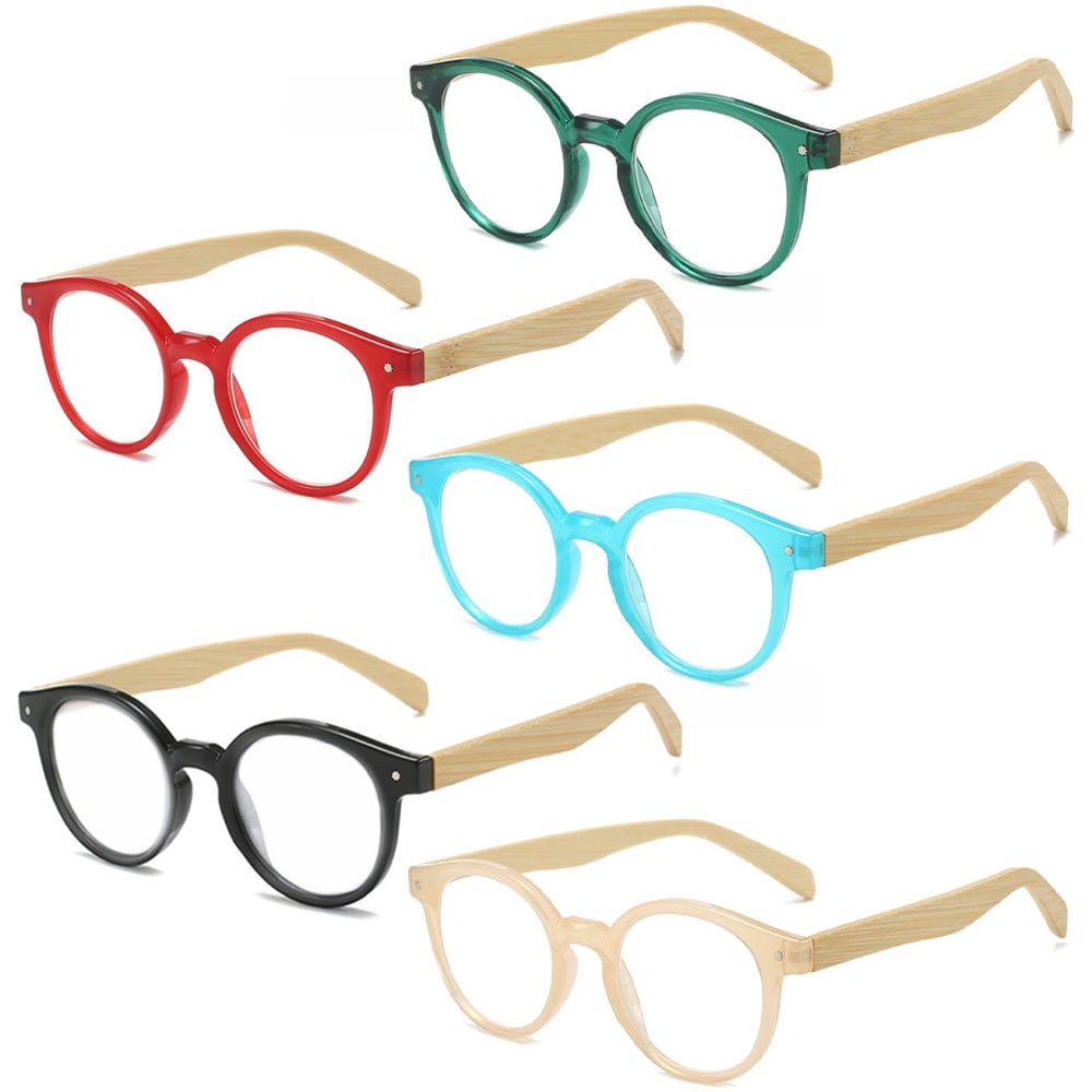 5 Pairs of Bamboo Temple Reading Glasses Retro Round Reading Glasses for Men and Women Classic ...