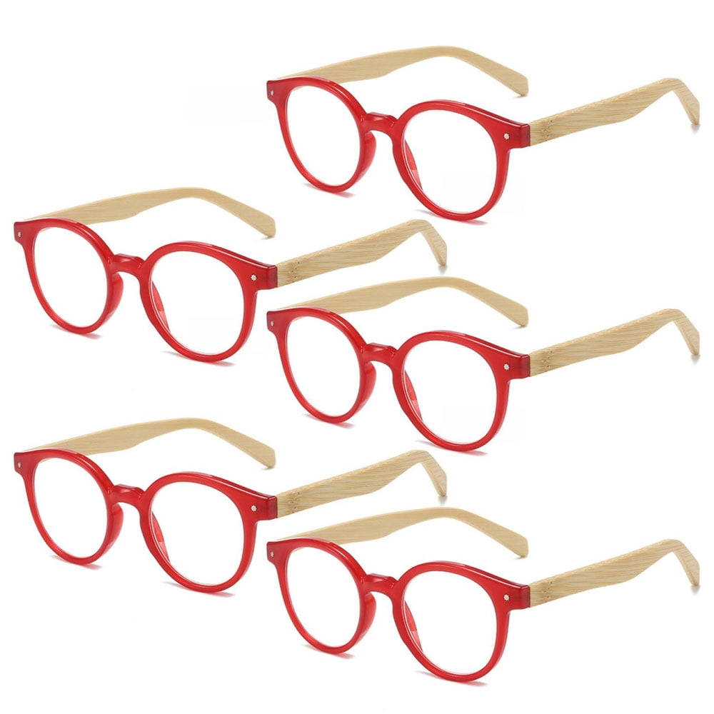 5 Pairs of Bamboo Temple Reading Glasses Retro Round Red Reading ...